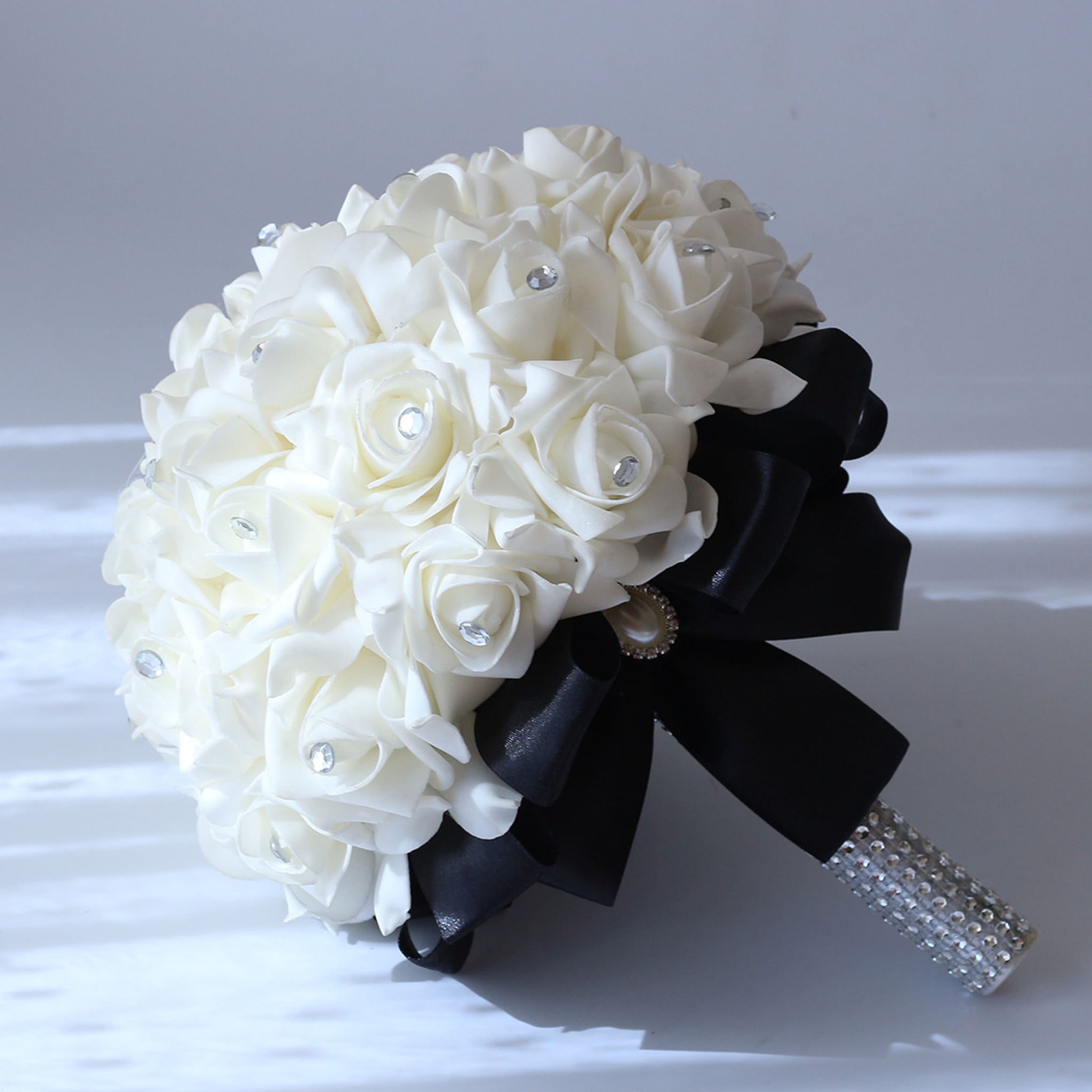 Wedding Bouquet White Roses Black Ribbon for Bridal Bridesmaids - VANRINA