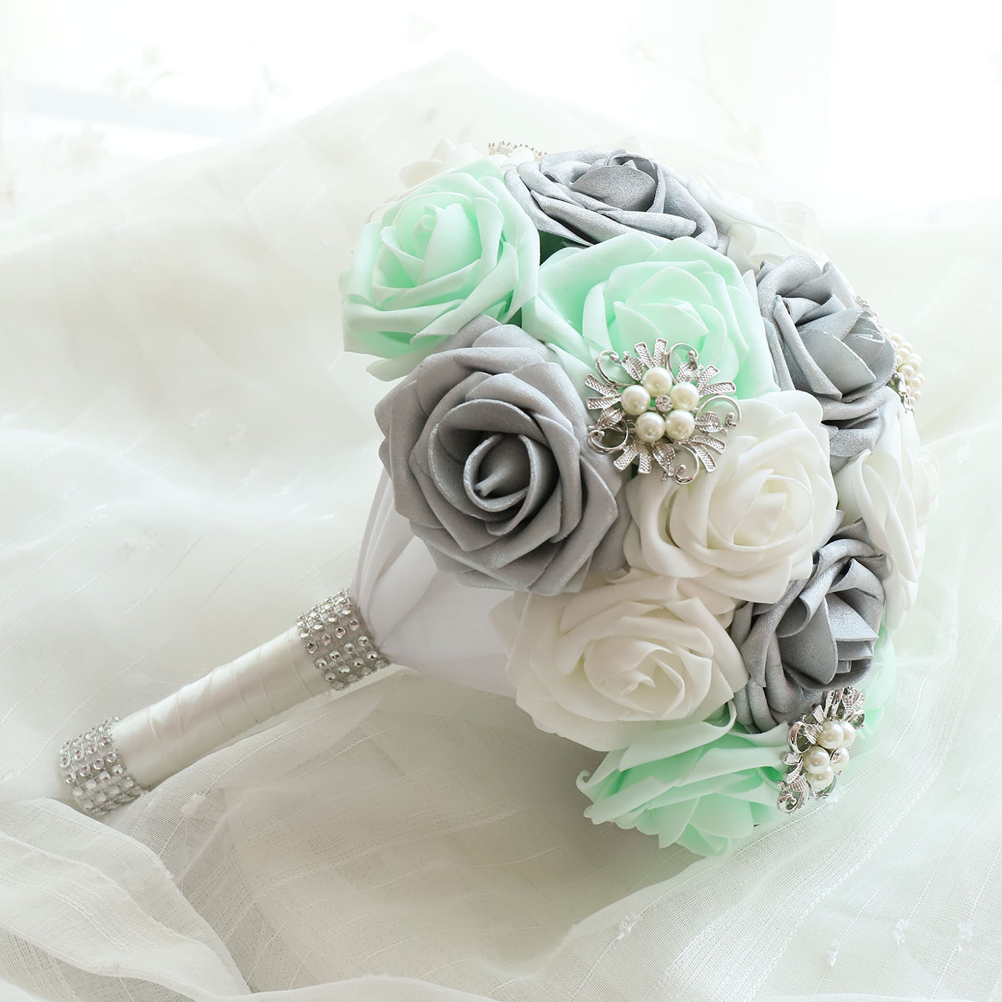 Bridal Bouquet Mint White Silver Roses - VANRINA