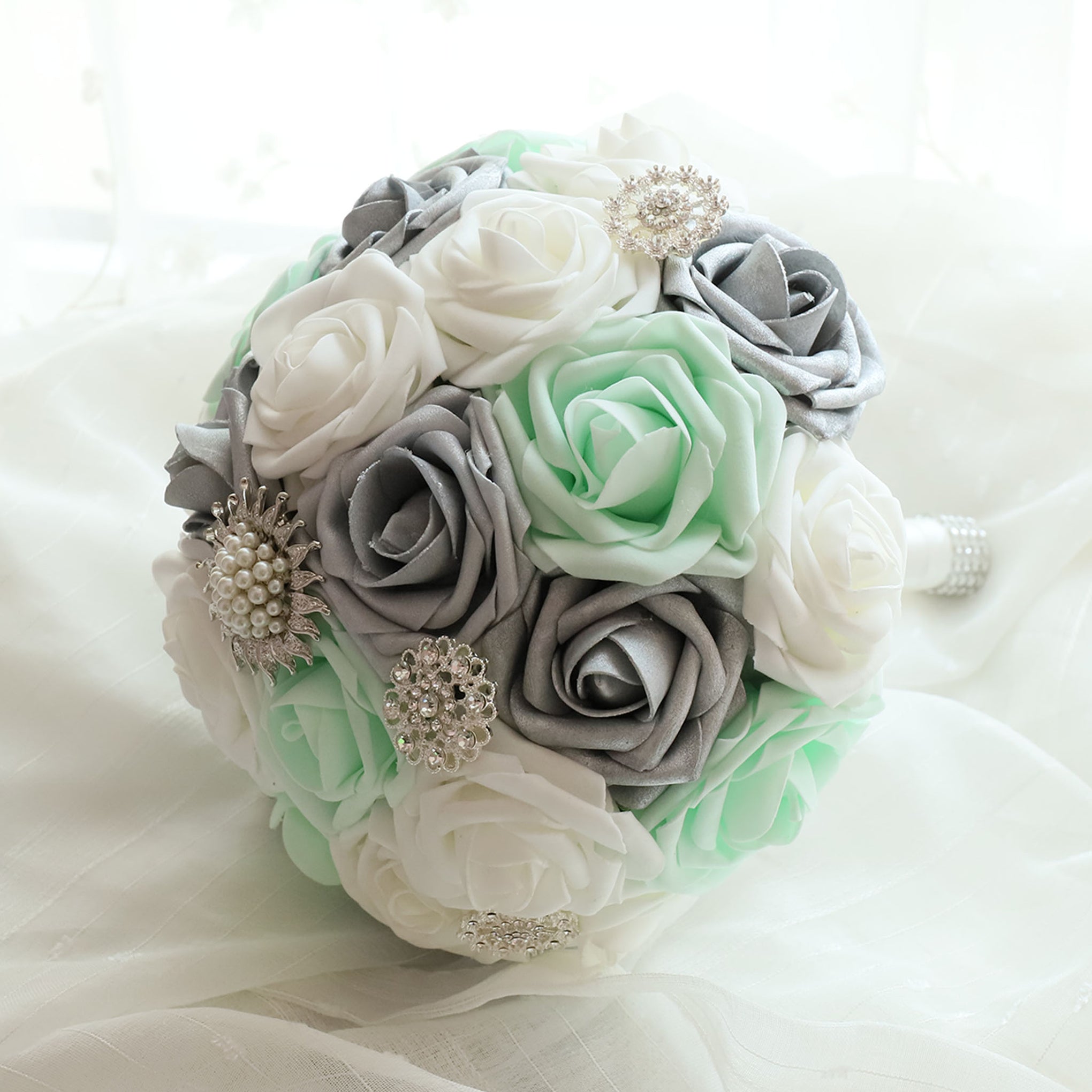 Bridal Bouquet Mint White Silver Roses - VANRINA