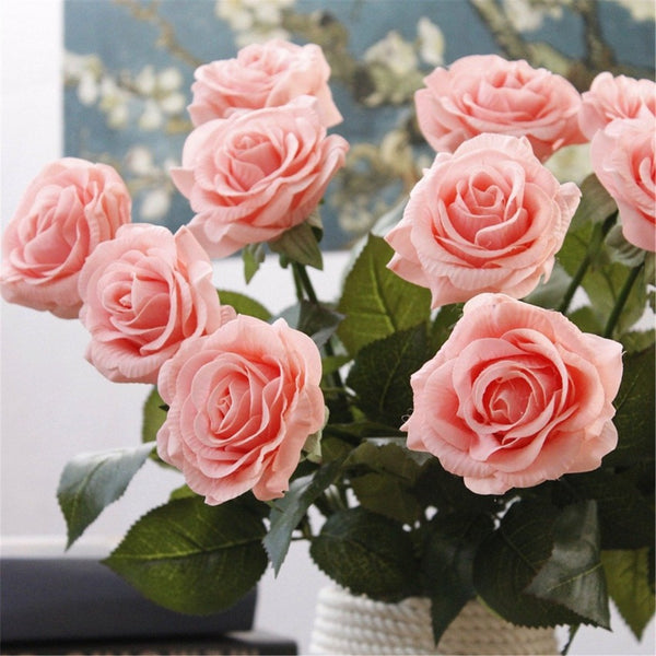 Soft Pink Roses Latex 10 Artificial Flowers Faux Wedding Flower - VANRINA